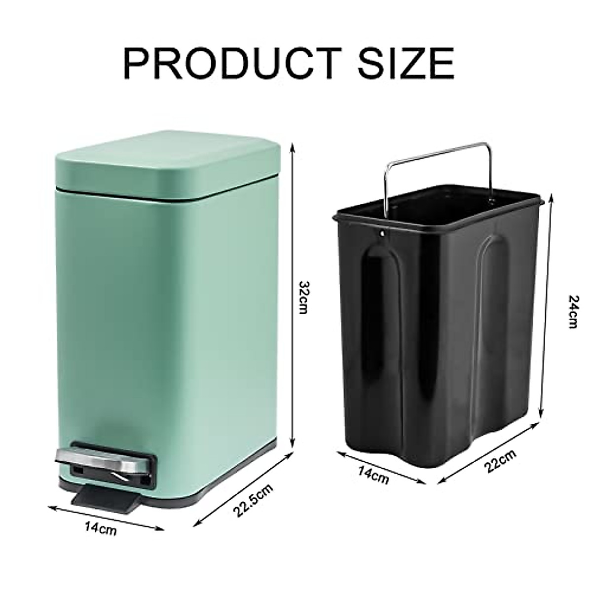 M-Aimee 1.3 Gallon Slim Small Trash Can with Lid Soft Close, Stainless Steel Garbage Can for Bathroom Bedroom Office, Rectangular Step Trash Bin with Removable Inner Waste Basket (Green)