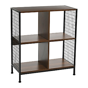 Household Essentials Trellis Open Storage Bookshelf with 4 Cube Compartments Mid Century Walnut Wood Grain and Black Metal