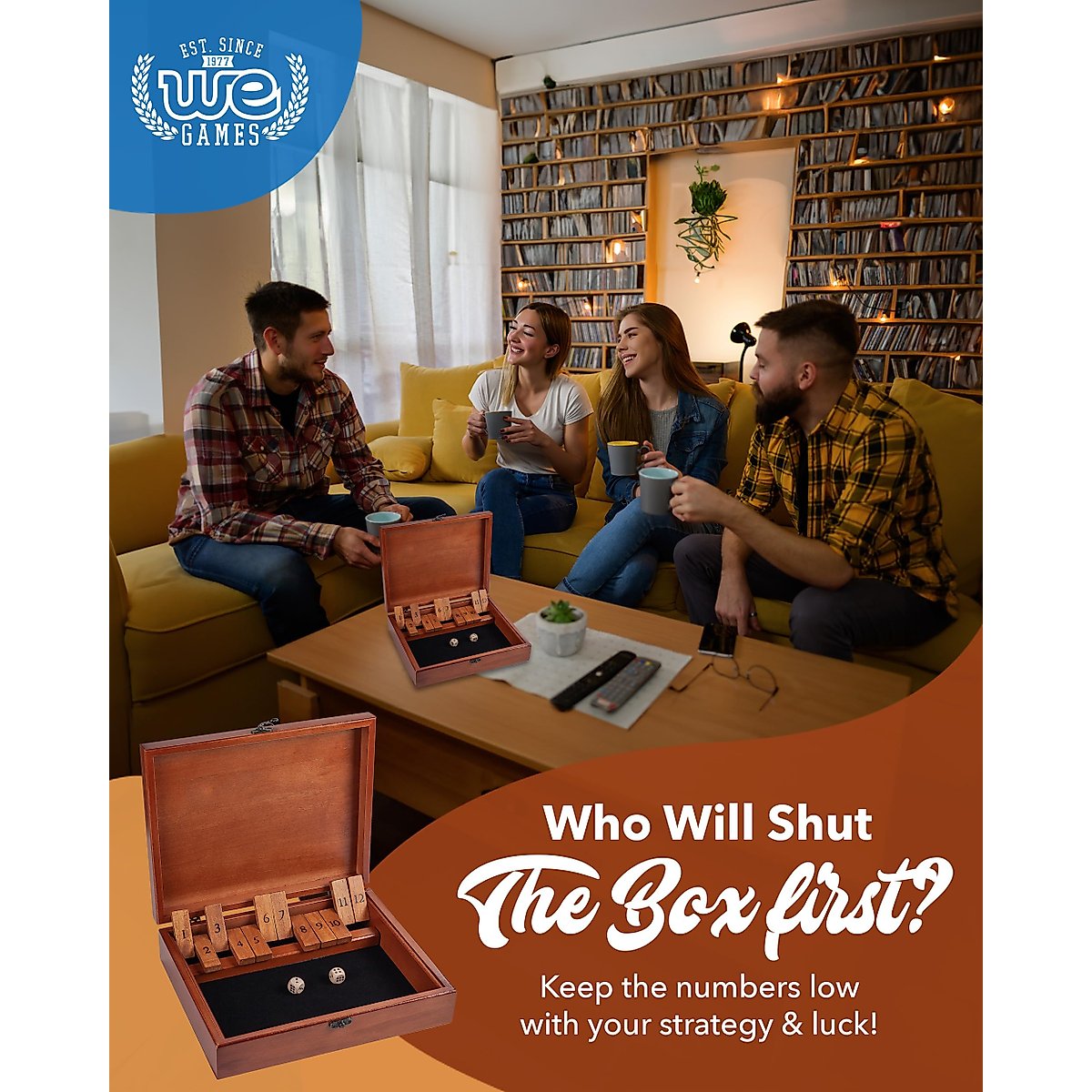 WE Games Shut The Box Game with 12 Numbers in an Old World Styled Wood Box with a Lid and a Brass Latch
