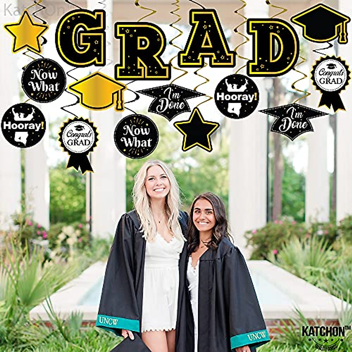 35 Pieces, Graduation Hanging Swirls Decorations - Large, No DIY | Black and Gold Graduation Decorations 2023 | Graduation Hanging Decorations | Graduation Party Decorations, Class of 2023 Decorations