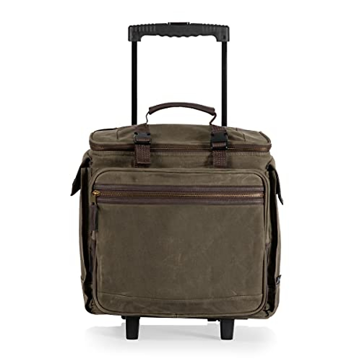LEGACY - a Picnic Time Brand Somm - 12 Bottle Insulated Waxed Canvas Wine Bag with Rolling Cart, Khaki Green with Brown Accents