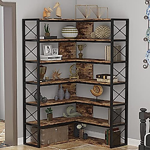 PAKASEPT 6-Shelf Corner Bookshelf, Vintage Industrial Corner Shelf Stand Etagere Bookcase, Large Book Shelf with Metal Frame Open Storage Corner Cabinet for Living Room Home Office, Retro Brown