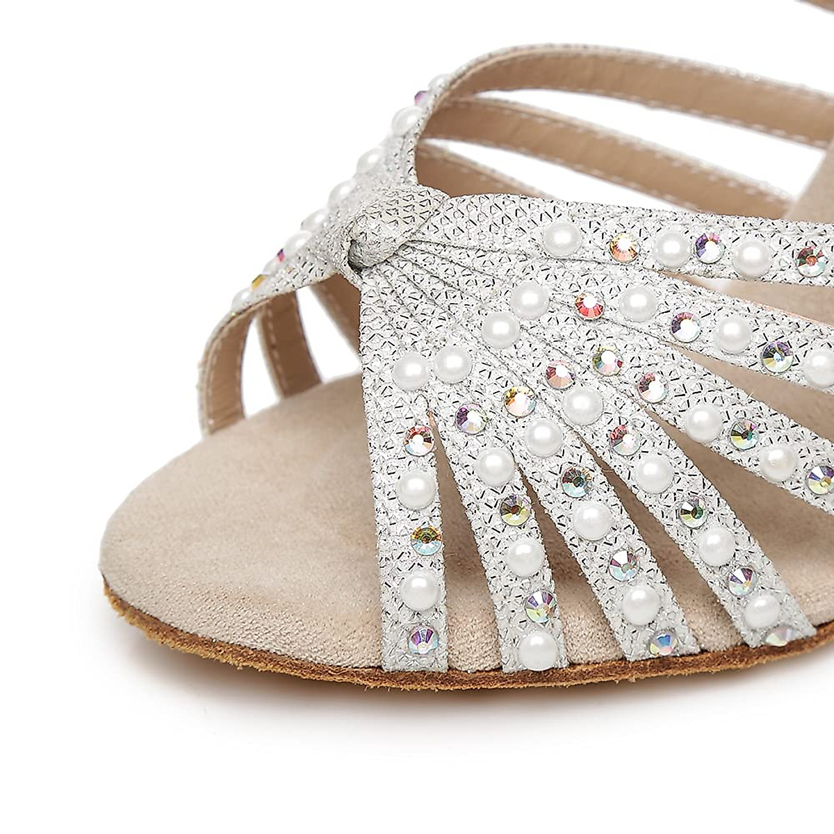 SWDZM Rhinestone Latin Dance Shoes for Women Ballroom Salsa Chacha Professional Performance Practice Dancing Shoes,YCL429-White-7.5,US 7