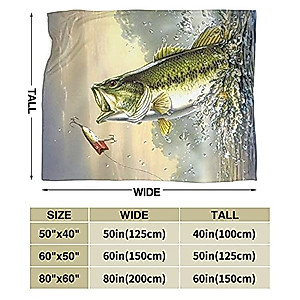 Bass Fish Fleece Blanket Foldrable Throw Blanket Washable Couch Sofa Fuzzy Blanket Reversible Plush Blanket Beach Blanket for Home Office