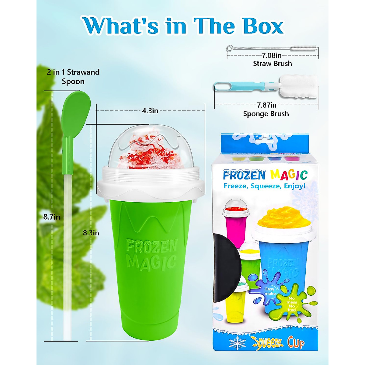 Slushy Maker Cup, DIY Magic Slushy Maker Squeeze Cup, Portable Smoothie Squeeze Cup for Juices, Milk and Ice Cream Make, Double Layers Silica Cup with Lid & Straw for Kids, Friends, Family (Green)1