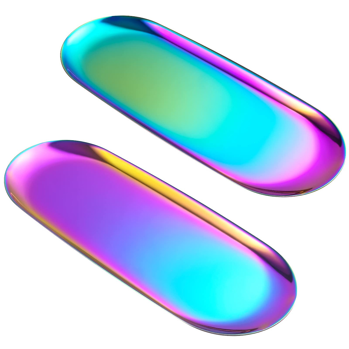 2 Pieces Rainbow Color Oval Stainless Steel Tray, Coffee Table Tray, Tray for Jewelry and Cosmetics, Candle Tray, Mini Candy Tray