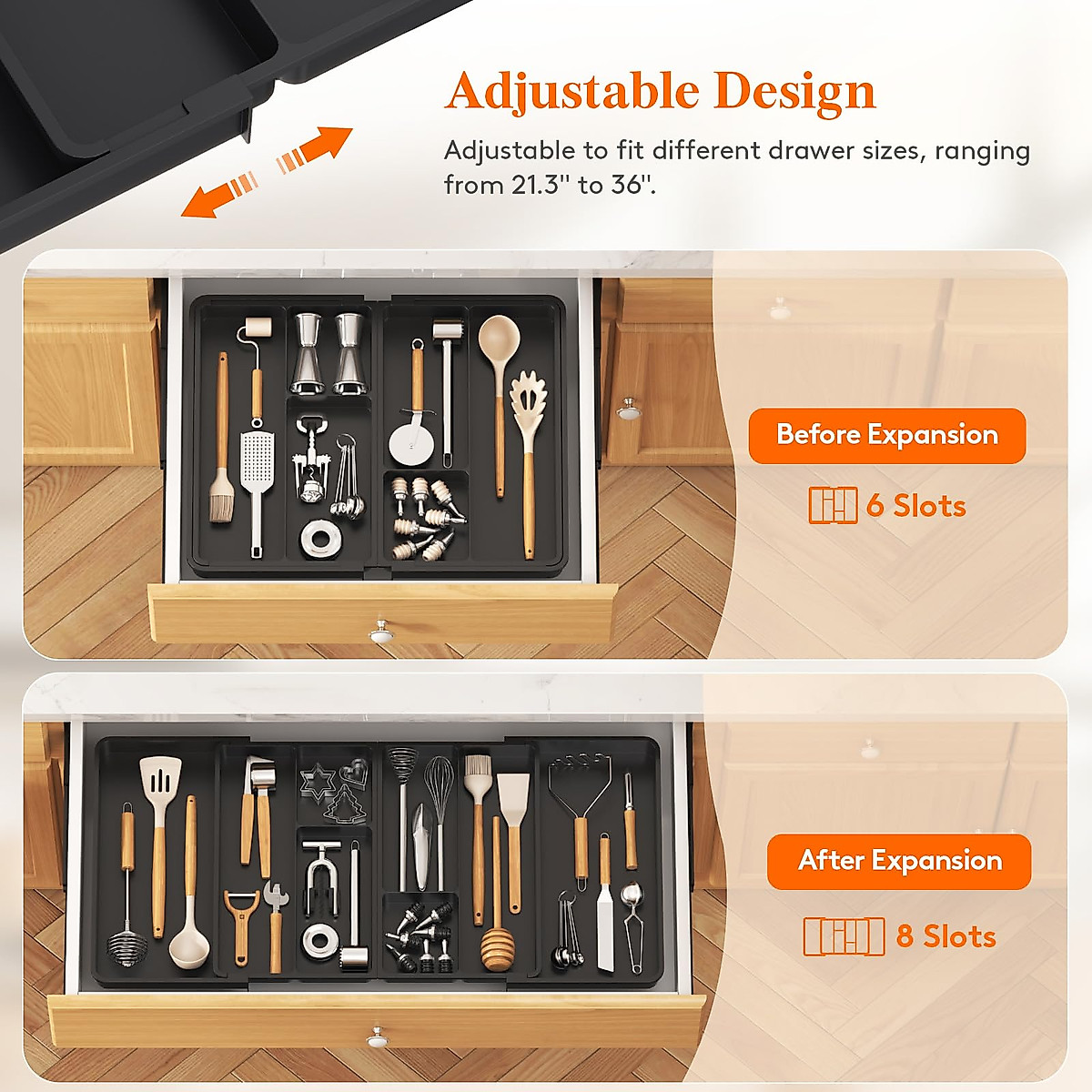 Lifewit Large Utensil Organizer for Kitchen Drawer, Expandable to 36 Inches Wide, Adjustable Cooking Silverware Tray, Plastic Cutlery Flatware Holder, Spatula Tools and Gadgets Storage Divider, Black