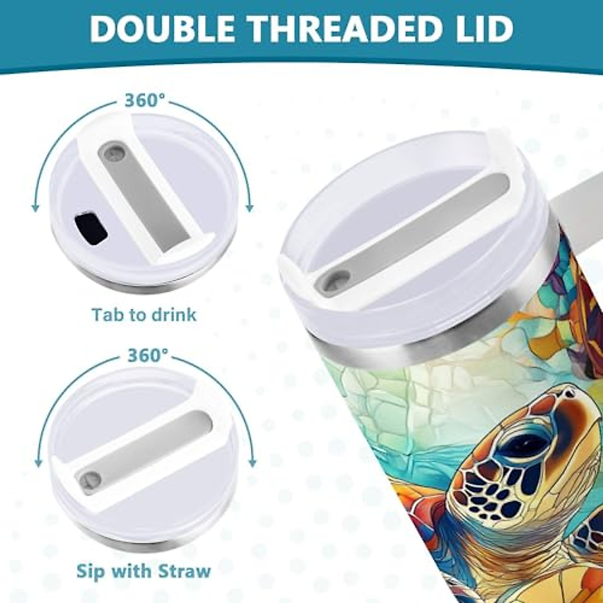 Slewiaeky Tumbler with Handle 40 oz Lovely Tortoise Turtle Travel Mug with Lid and Straw Ocean Stainless Steel Vacuum Insulated Water Bottle Cup for Iced Tea Coffee Cold Beverages Cup Holder Friendly