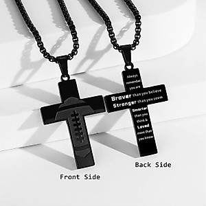 Football Cross Necklace for Boys Inspirational Bible Verse Cross Pendant Stainless Steel Chain 22+2 inch Football Sports Jewelry Football Gift for Men Women(B-Brave Strong)Over 18 years old