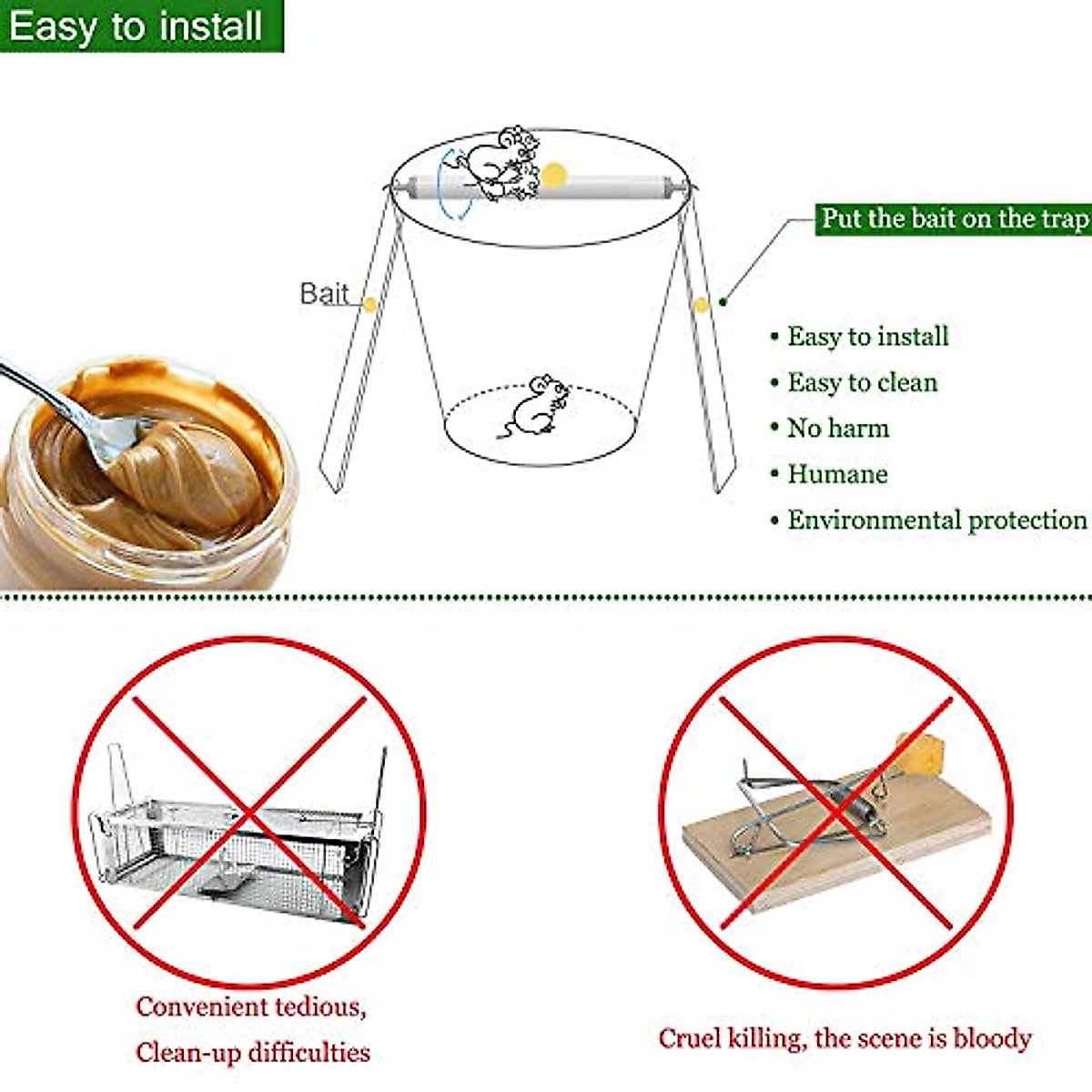 StarRoad PVC high-Speed Rolling Mouse Trap Bucket Mousetrap Continuous Capture Log Catch Mice Rat Traps Include No Need Drilling Required Fit 5 Gallon Buckets (White)
