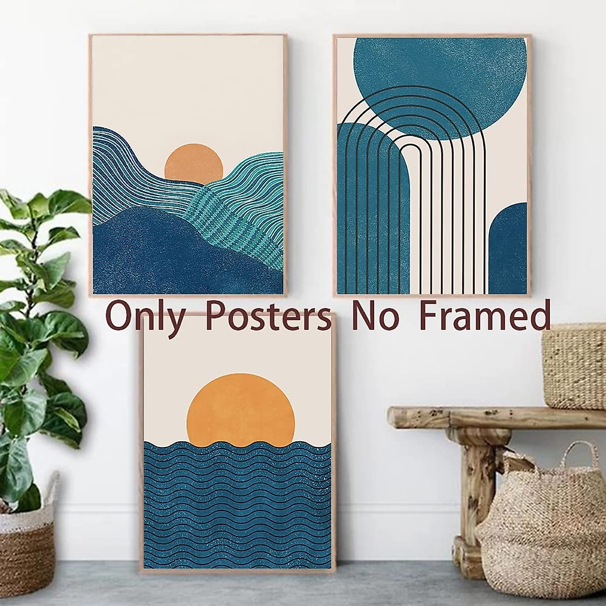 Boho Wall Art Decor Set of 3 Mid Century Blue Modern Rainbow Wall Decor 16x24in Canvas Paintings Print Minimalist Line Sun And Moon Artwork For Bedroom Living Room Nursery Aesthetic Bathroom