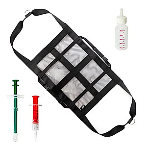 BKHdesign Calf Sling - Large Black Sling for Weighing and Lifting Small Animals - Complete with Bottle Feeder and 2 Food Feeders