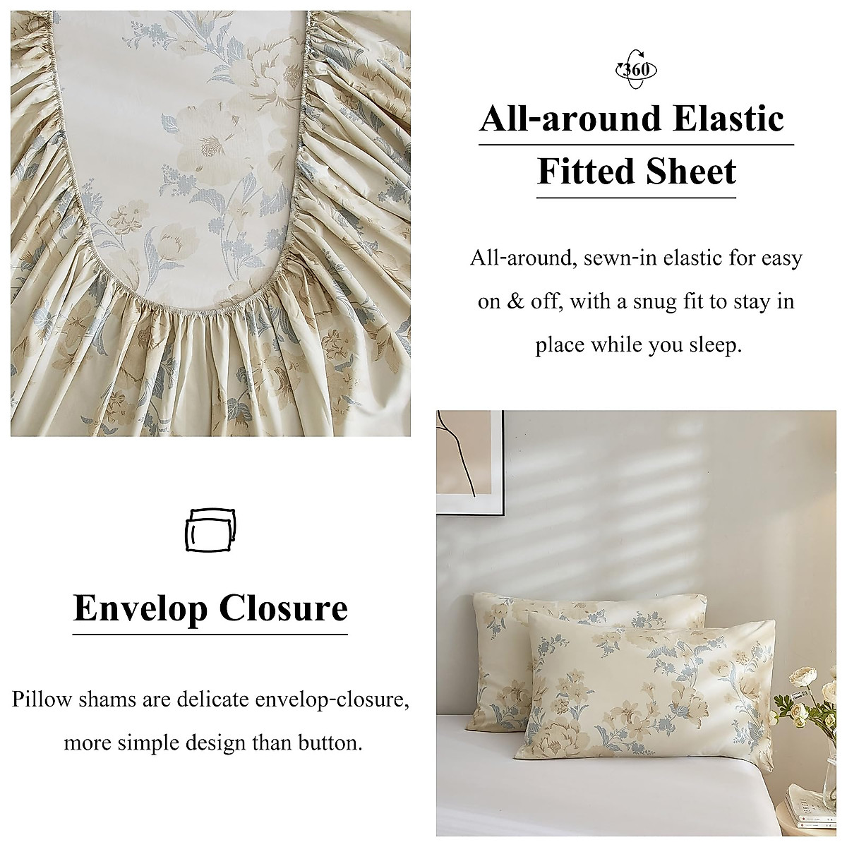 VClife Modern Floral Sheets Full Size Bedding Sets Khaki Taupe Beige Blueish Gray Floral Printed Sheets with 16" Extra Deep Pocket, 4 pcs Washed Microfiber Sheet Sets, Fade Resistant