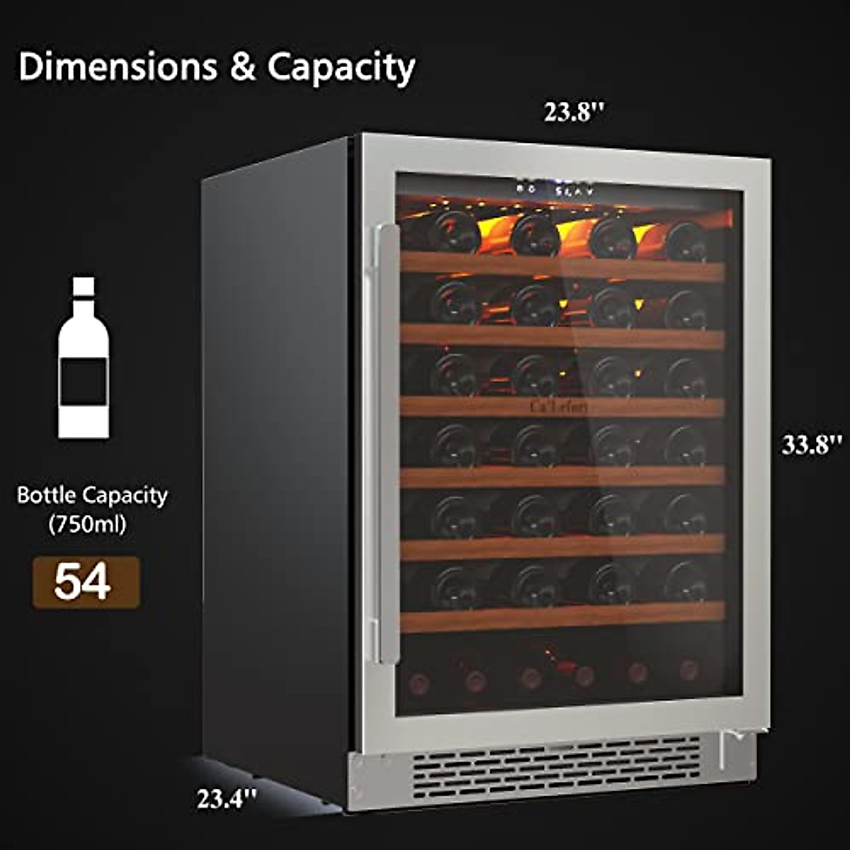 Ca'Lefort 24 Inch Wine Cooler, 54 Bottle Wine Fridge Single Zone with Modern Touch Intelligent Digital 40°-65°F Low Noise, Wine Cooler Refrigerator Built in or Freestanding for Home Kitchen