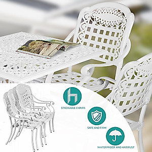 MEETWARM 5-Piece Outdoor Patio Dining Set, All-Weather Cast Aluminum Patio Conversation Set for Backyard Garden Deck with 4 Chairs, 4 Cushions and 35.4" Square Table with Umbrella Hole, White