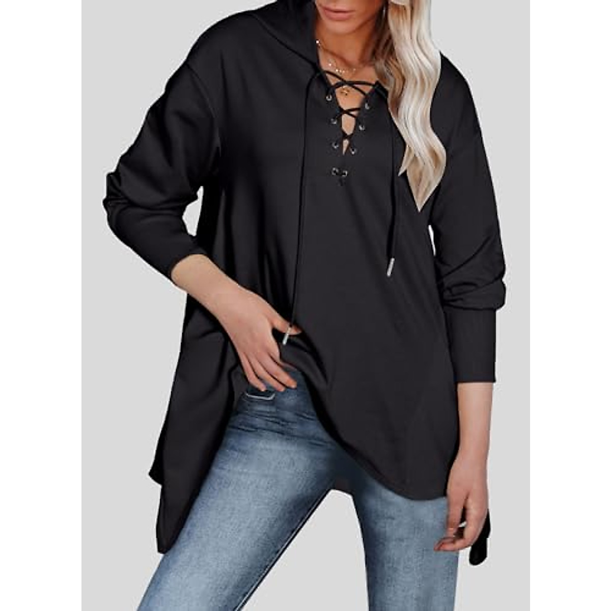 EVALESS Fall Sweatshirt for Women 2023 Fashion Casual Oversized Long Sleeve Hoodie Pullover V Neck Lace Tops with Pockets,Black S