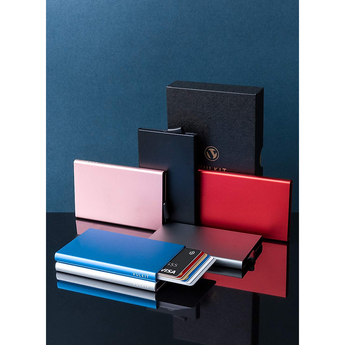 VULKIT Pop Up Wallet, Slim Minimalist Credit Card Holder For Men and Women RFID Blocking Mini Metal Case Midnight Green