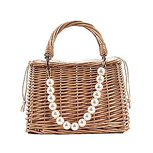 Pearl Handle Rattan Handbag, Straw Shoulder Bag Tote Bags, Mini Basket Handbag