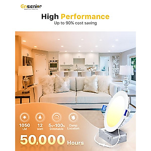 Ensenior 6 Pack 6 Inch LED Recessed Light, Dimmable, 2700K-5000K 5CCT, 1200LM High Brightness, 12W 120V, Damp Rated, Ultra-Thin Canless Wafer Ceiling Light - ETL & FCC & IC