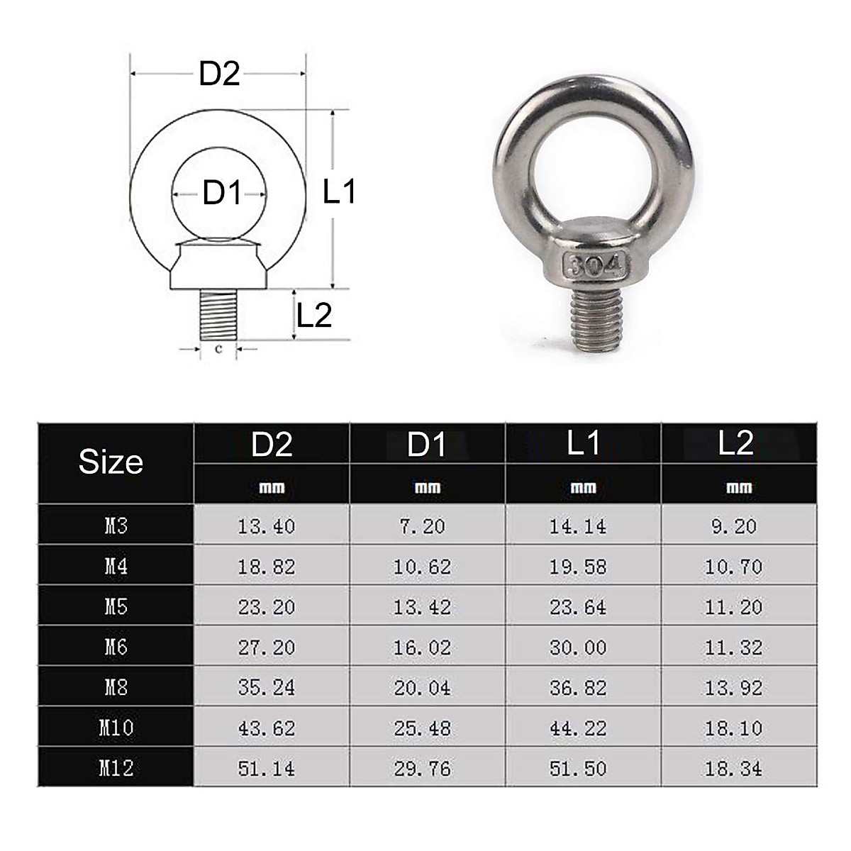 10 Pieces 304 Stainless Steel Screw Rings Lug Thread Shoulder Lifting Eye Bolt Screws Lifting Rings Eye Bolts, M3