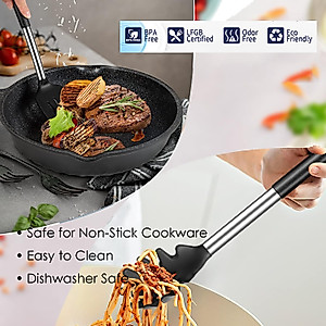 FONGLUAN Kitchen Utensils, Set of 4, Silicone Cooking Utensils Set with Stainless Steel Handle, Turner/Spatula, Spoons, Pasta Fork - Heat Resistant, Nonstick Cookware, Dishwasher Safe, Black