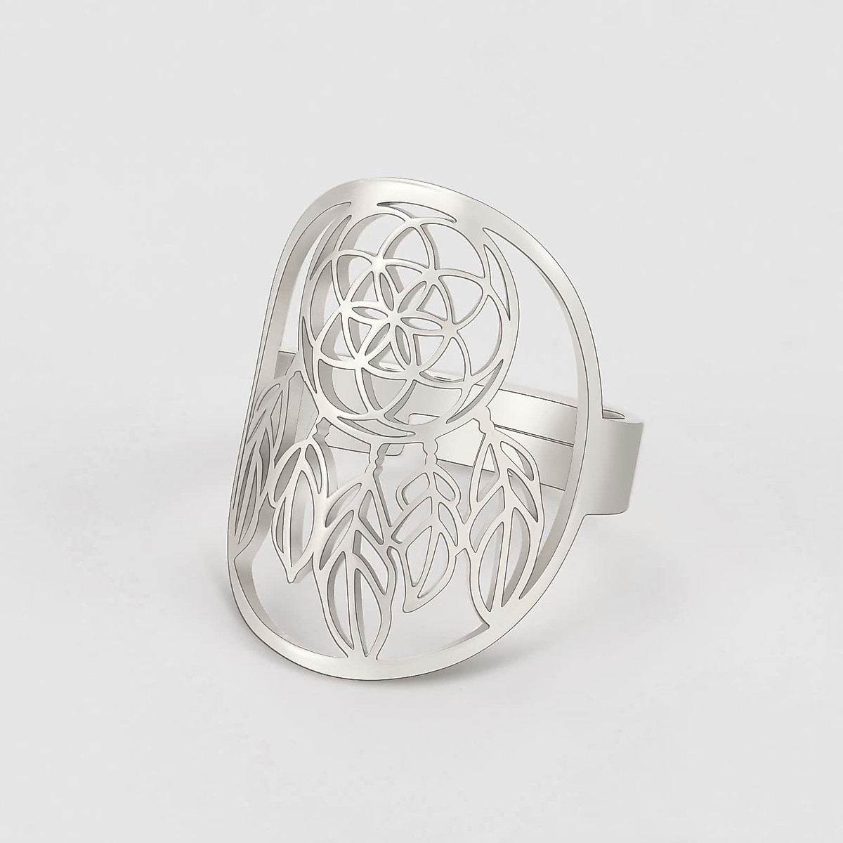 Dreamtimes Dream Catcher Ring for Women Fashion Hollow Out Dream Rings Stainless Steel Adjustable Finger Rings Feather Forest Leaf Rings Tassel Bohemian Retro Ethnic Rings