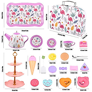 41Pcs Tea Party Set for Little Girls, Pretend Tin Teapot Set, Princess Tea Time Play Kitchen Toy with Dessert, Doughnut, Carrying Birthday Gift Case for Toddlers Age 3 4 5 6