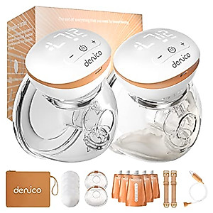 DENICO Wearable Breast Pump Hands Free - Portable Electric Pumps for Breastfeeding - Wireless Hands-Free Breast Pumps with 3 Low Noise Modes & 10 Levels, LED Display, 18, 24, 28 mm (Set of 2)