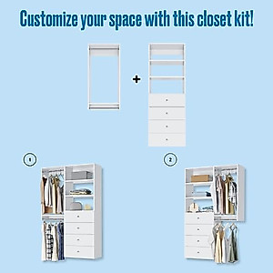 Closet Kit with Hanging Rods, Shelves & Drawers - Corner Closet System - Closet Shelves - Closet Organizers and Storage Shelves (White, 54 inches Wide) Closet Shelving