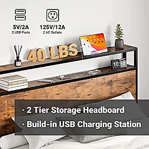 Zevemomo Queen Bed Frame, Queen Size Metal Platform Bed Frame with 2-Tier Storage Wood Headboard and Power Outlets, USB Ports Charging Station/No Box Spring Needed/Noise-Free/Easy Assembly/Brown