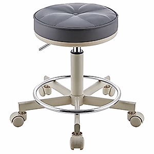 LWBLJX Round Roll Bar Stool with 360° Swivel Wheels, Beauty Salons Medical Counter Adjustable Chair, PU Leather and Stainless Steel Foot Pedals(Color:Gray)