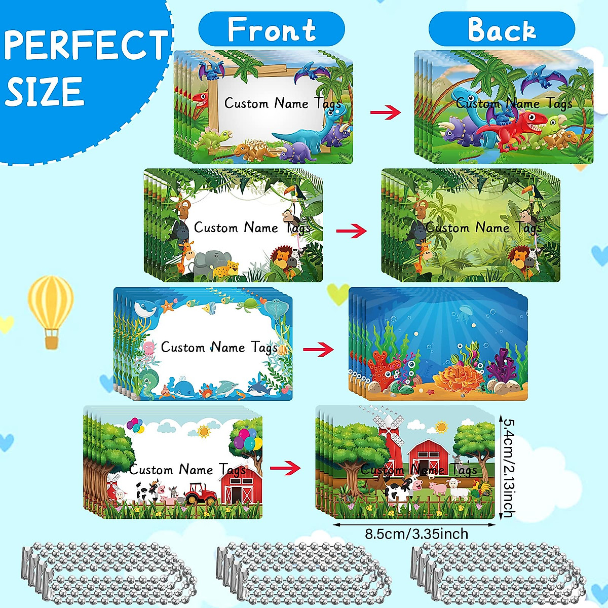 36 Set Kids Tags Personalized Waterproof Name Tag Reusable Backpack Tags Plastic Writable Child Id Bag Tags with Chain Attachments Name Labels for School Luggage Lunch Box Ocean Dinosaurs Jungle
