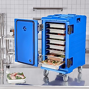 VEVOR Insulated Food Pan Carrier, 127 Qt Hot Box for Catering, LLDPE Food Box Carrier w/Double Buckles, Front Loading Food Warmer w/Handles, End Loader w/Wheels for Restaurant, Canteen, etc. Blue