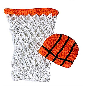 Infant Basketball Photography Props Crochet Costume Outfits Orange Hat+White Basket Photo Shoot Props for 3-6 Months Newborn Baby Boy Girl