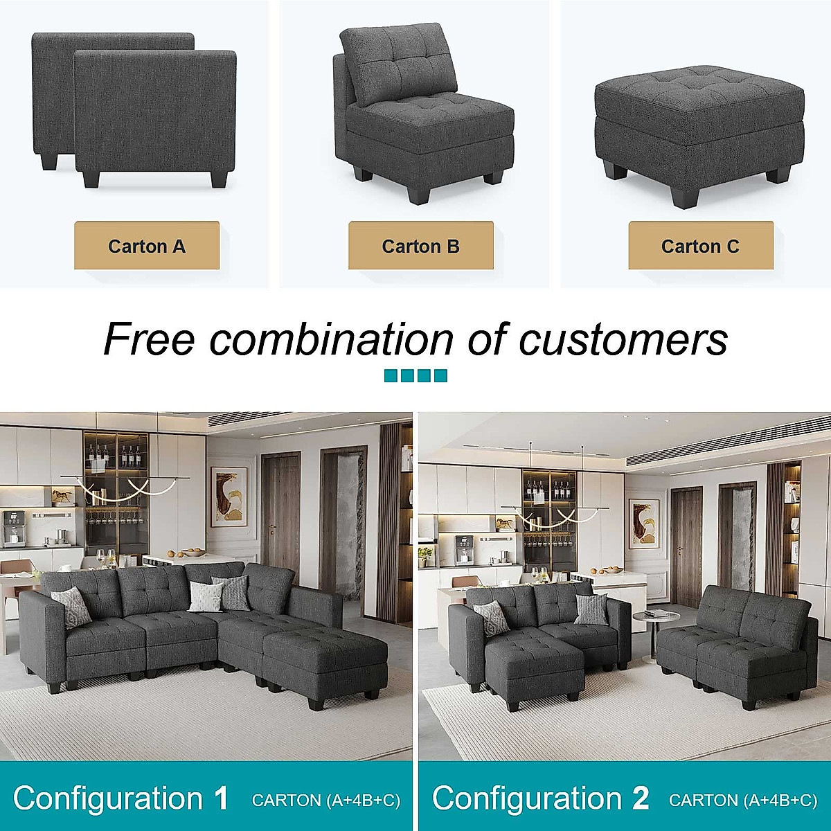 Belffin Convertible Modular Sectional Sofa Couch with Storage Seat L Shaped 4-Seat Sofa Couch with Reversible Chaise Modular Sectional Fabric Dark Grey