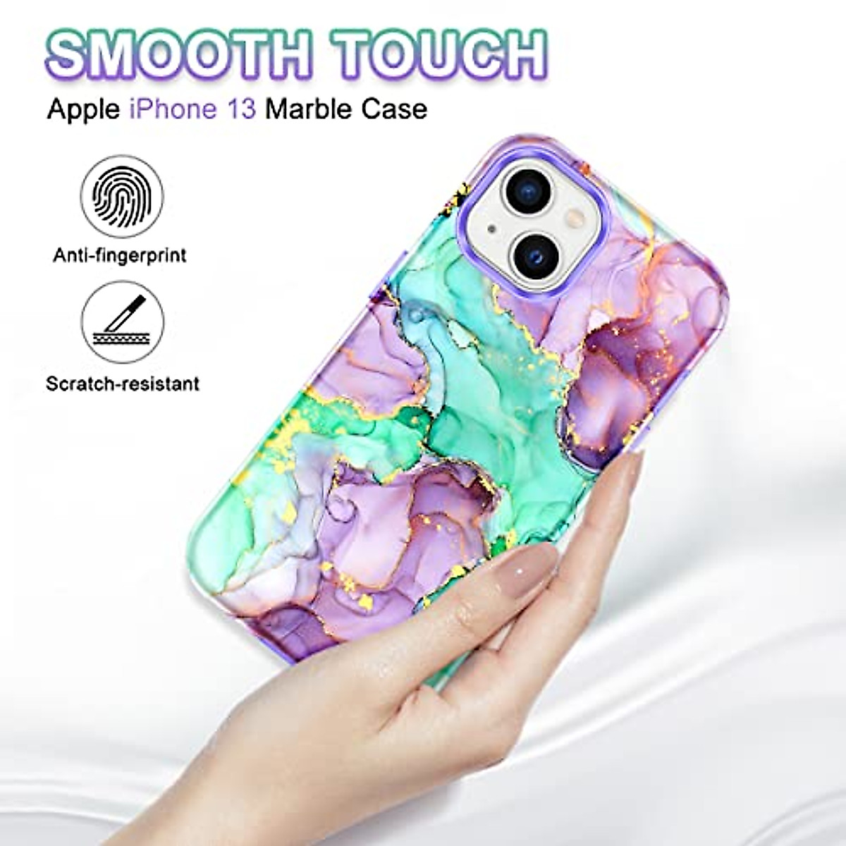 CASEFIV Compatible with iPhone 13 Case, Marble Pattern 3 in 1 Heavy Duty Shockproof Full Body Rugged Hard PC+Soft Silicone Drop Protective Girls Women Cover for iPhone 13 6.1 inch 2021, Purple Green