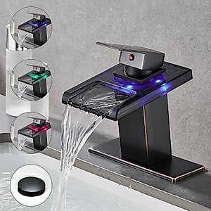 ZORIOU LED Bathroom Sink Faucets, Oil Rubbed Bronze Waterfall 3 LED Light Single Handle Stainless Steel Bathroom Faucet with Pop Up Drain