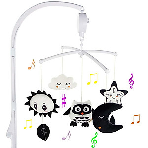 KAKIBLIN Baby Crib Mobile, Mobile for Crib with Hanging Rotating Toys, Nursery Mobile for Newborns with Music Box, Black and White Mobile for Baby Girls & Boys 0-24 Months,Owl