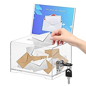 KYODOLED Clear Donation Box with Lock,Ballot Box with Sign Holder,Suggestion Box Storage Container for Voting, Raffle Box,Tip Jar 6.2" x 4.6" x 4.0"