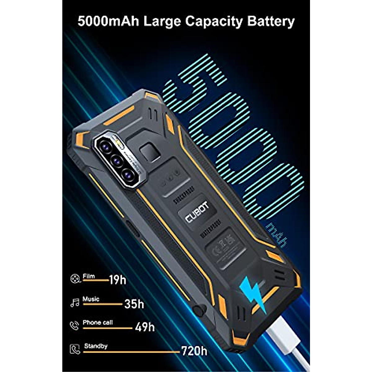 CUBOT Rugged Smartphone, King Kong Rugged Cell Phone, 4GB+64GB, 48MP Camera, Android 11 Phone, 6.1” HD+ Screen, 5000mAh Battery, 4G Dual SIM Phones, IP68 Waterproof Cell Phone, Face ID, Orange