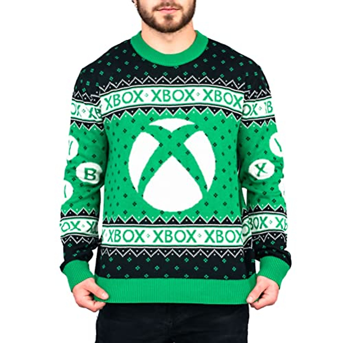 Ripple Junction Adult Unisex X-Box System Gaming Big X Logo Holiday Ugly Christmas Sweater - X-Large - Funny Video Game Christmas Sweater Green