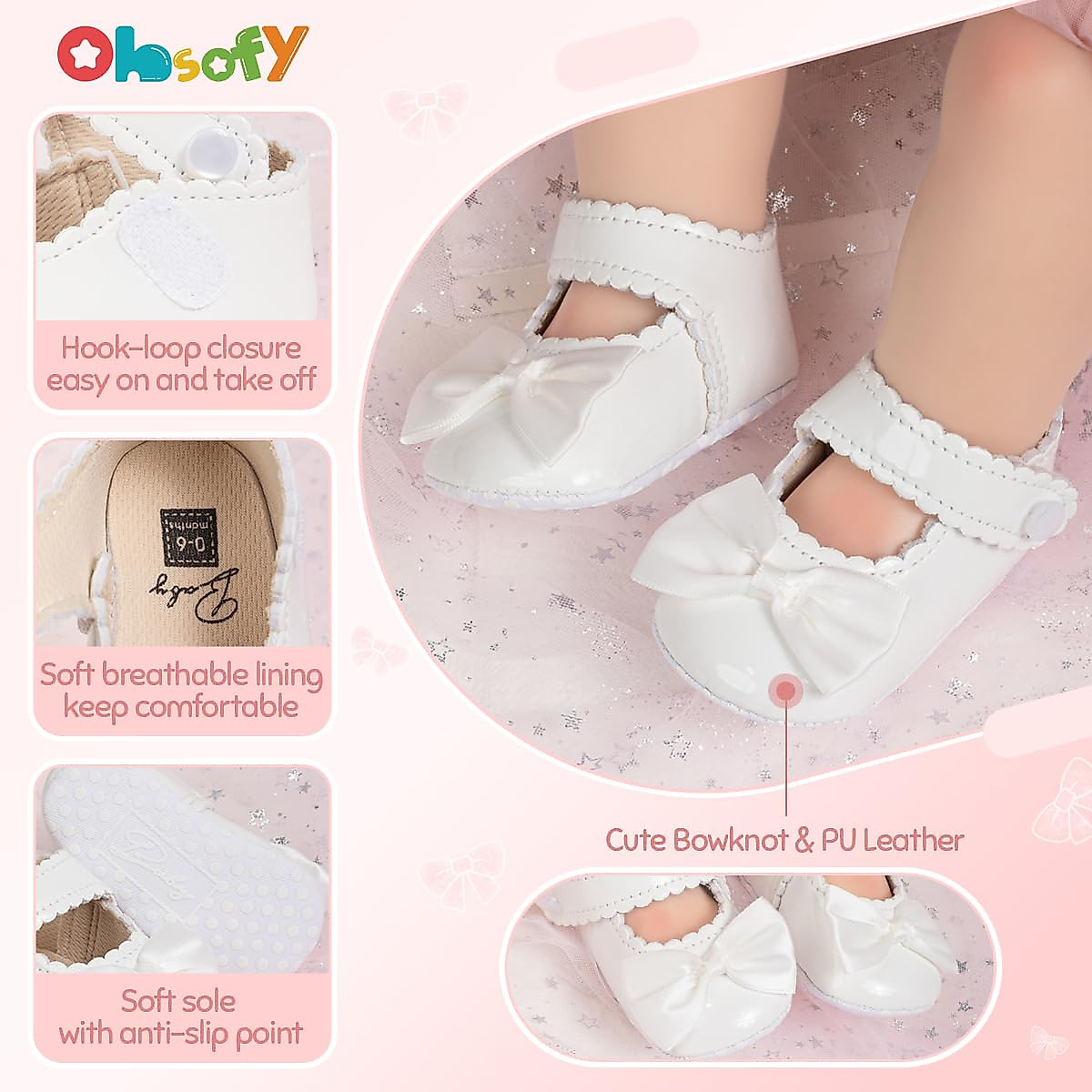 ohsofy Infant Baby Girls Mary Jane Flats Soft Sole Non-Slip Bowknot Princess Wedding Dress Shoes Toddler Crib Shoes