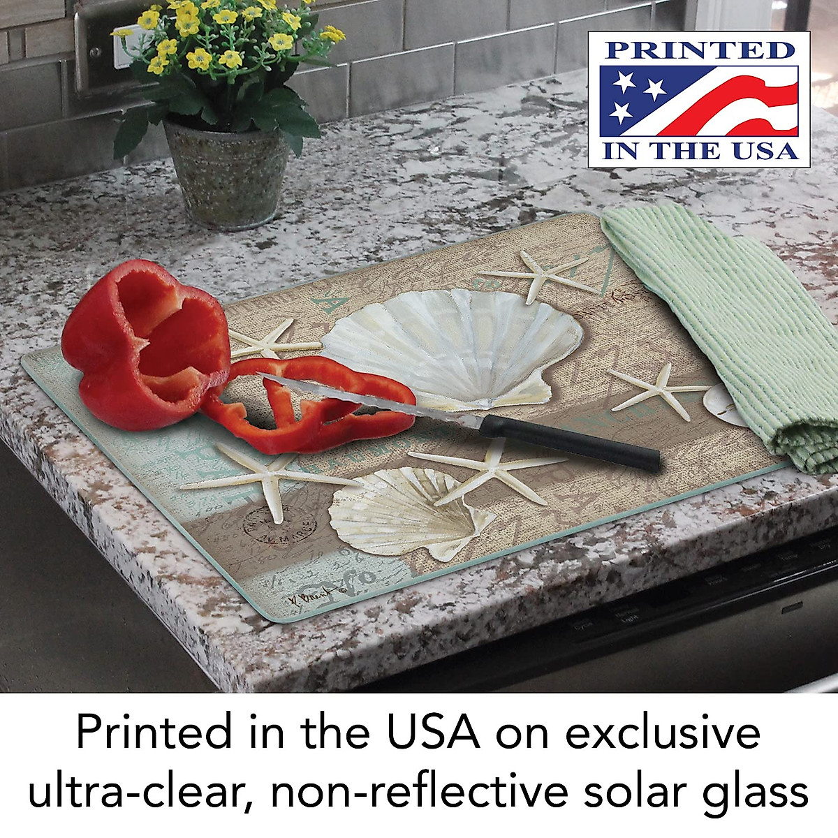 CounterArt Linen Shells 3mm Heat Tolerant Tempered Glass Cutting Board 15” x 12” Manufactured in the USA Dishwasher Safe