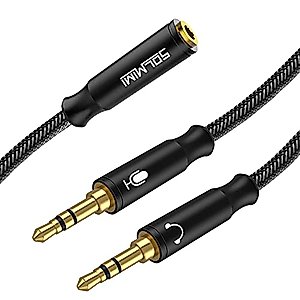 SOLMIMI Headset Splitter Cable for PC 3.5mm Crystal-Nylon Braid 3.5mm Female to Dual 3.5mm TRS Male Headphone Mic Audio Y Splitter Cable CTIA Gaming Headset to PC Adapter - Matte Black 0.3M