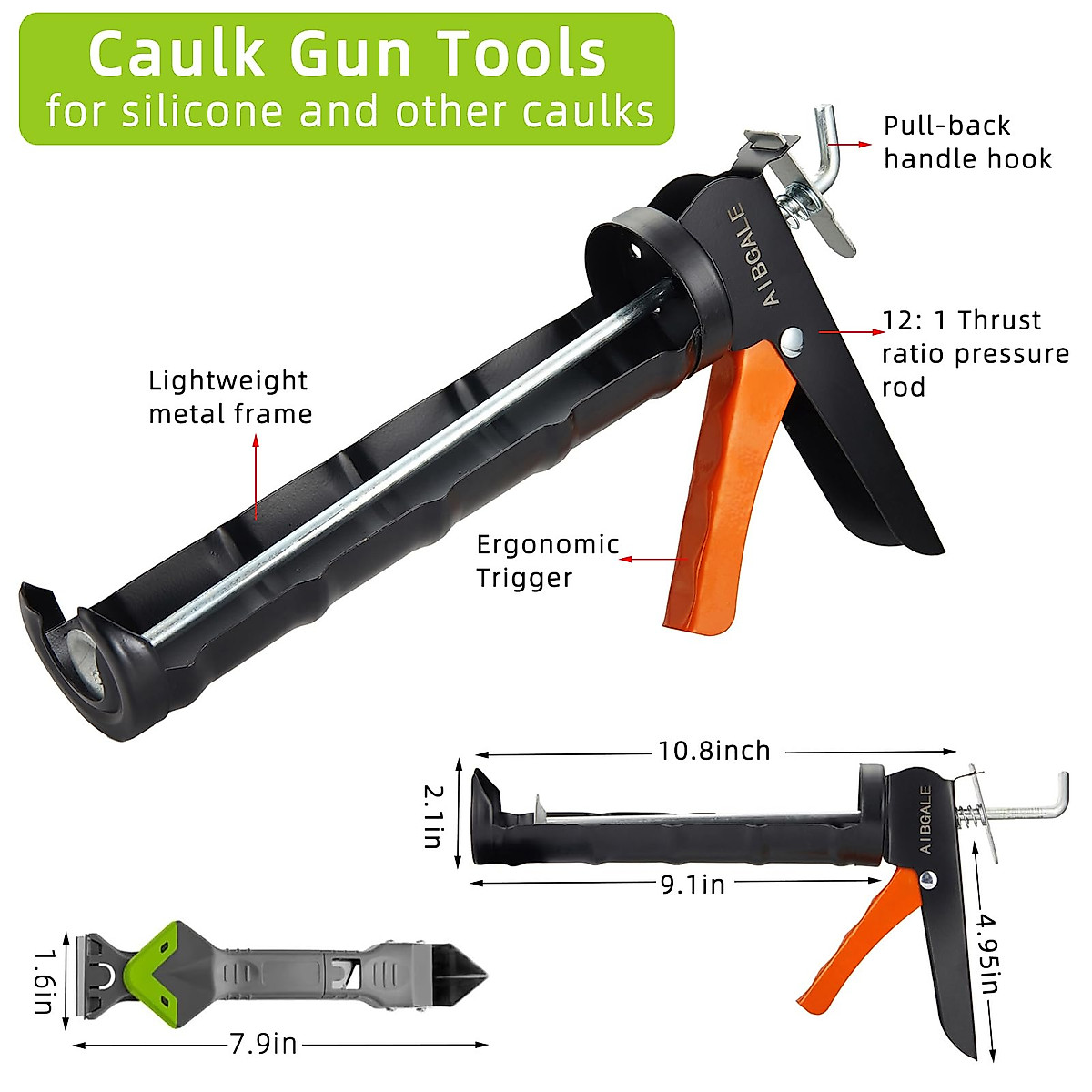 Variety Caulking Tool Kit, Caulking Gun, Silicone Sealant with Gun - All-Purpose 100% Clear Silicone Caulk (10 oz Tube), and 5 in 1 Scraper/Smoothing Tool, Sandpaper, Gloves and Masking Tape