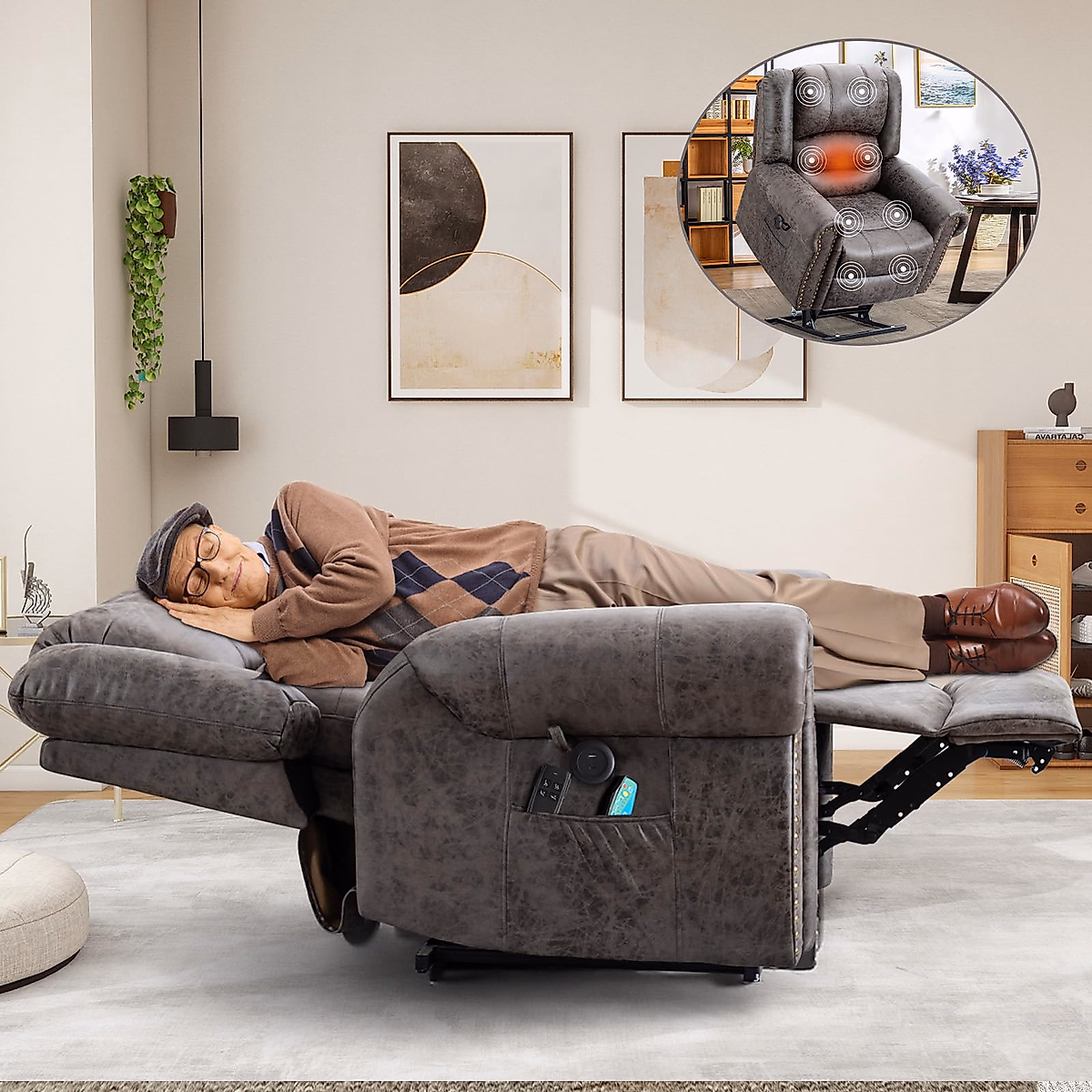 CDCASA Dual Motor Lay Flat Lift Chairs Recliners for Elderly with Massage and Heat, Breathable Leather Infinite Position Large Sleeping Electric Power Lift Chair Recliner for Seniors, Grey