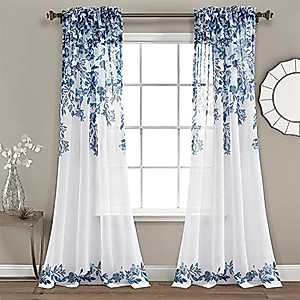 Lush Decor Tanisha Sheer Curtains Room Darkening Floral Vine Print Design Window Panel Set (Pair), Sheer 38" W x 84" L, Navy & White