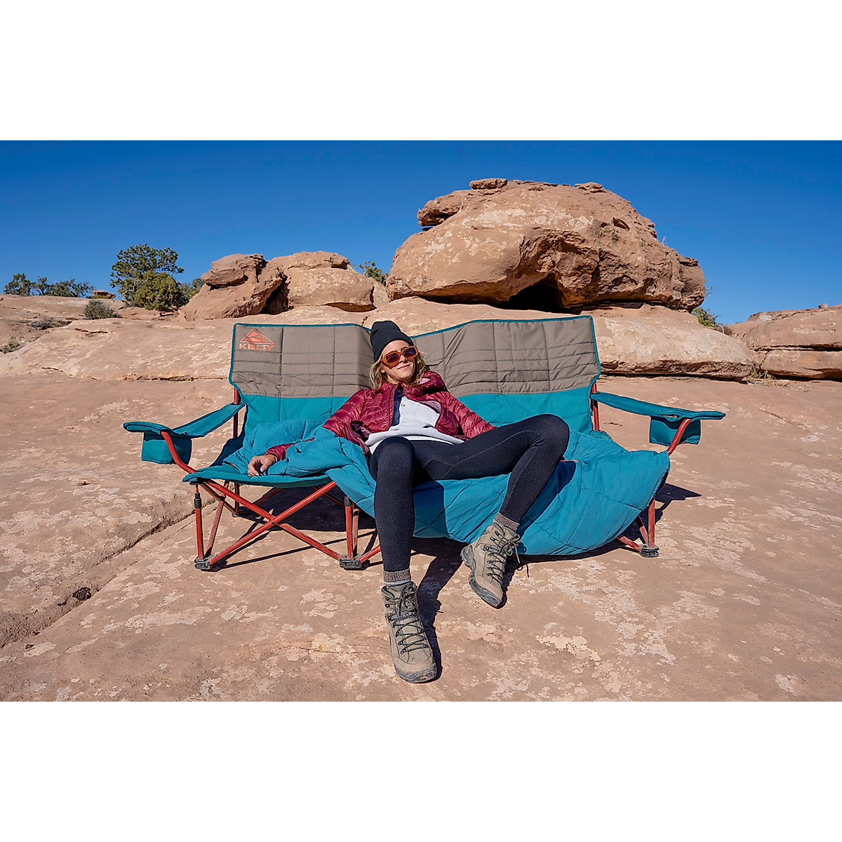 Kelty Lowdown Couch - 3 Person Capacity Camping Chair, Extra Large and Sturdy Bench for Campsites, Soccer Games, and Backyard Parties, with Cup Holders|Arm Rest, Polyester, Deep Lake/Fallen Rock