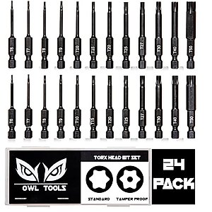 Owl Tools Torx Bit Set (24 Pack in Standard Torx Star Bits & Security/Tamper Proof) Sizes - T6 - T50 - Hex Shank Bit with Magnetic Tips - Hardened CRM Steel Alloy - 2.3" Long
