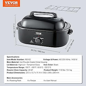 VEVOR Electric Roaster Oven, 20 QT Turkey Roaster Oven with Self-Basting Lid, 1450W Roaster Oven with Defrost & Warm Function, Adjustable Temperature, Removable Pan & Rack, Fits Turkeys Up to 24LBS